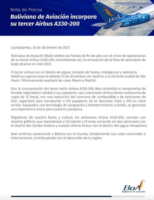 BOA inicia operaciones de su tercer Airbus A330-200 consolidando flota de Aeronaves de largo ...