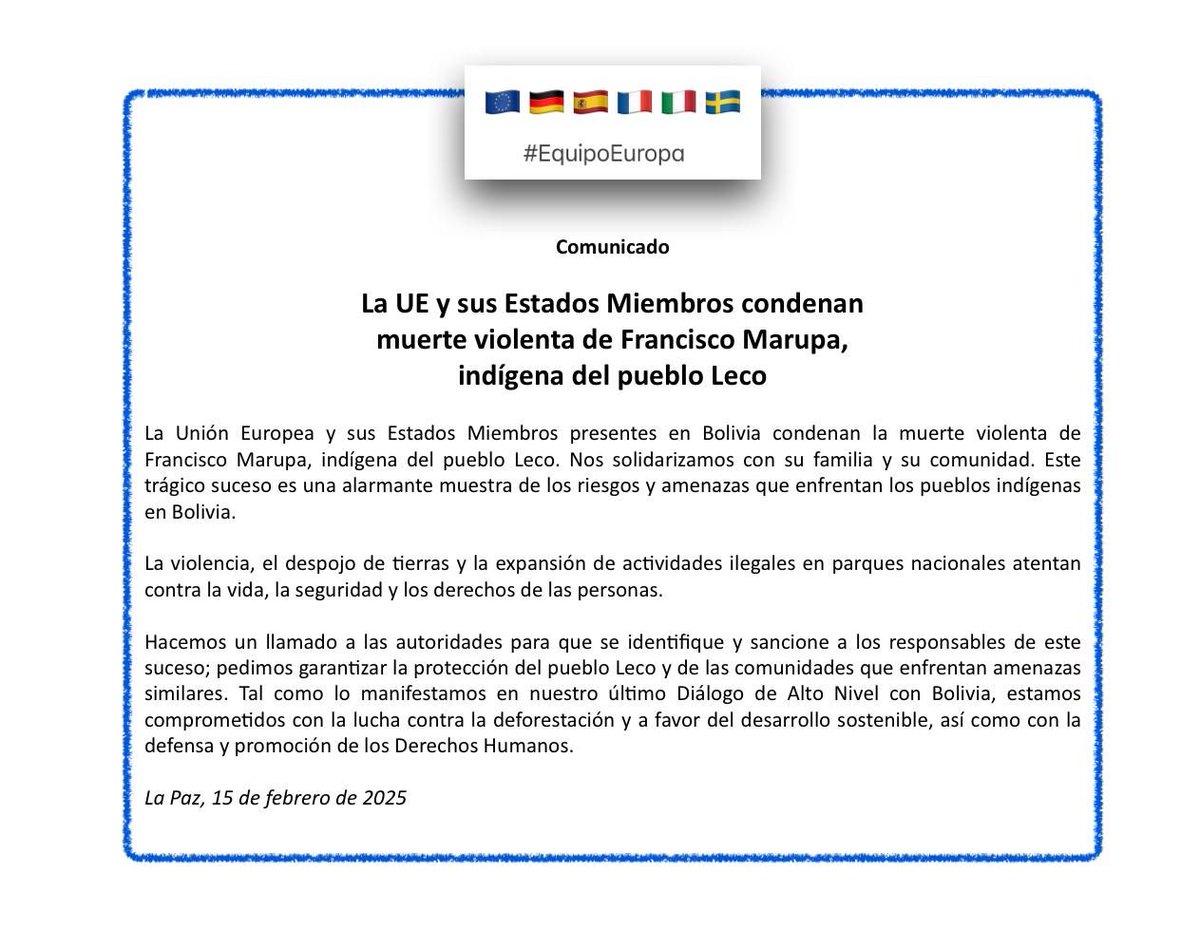 La Unión Europea condena el asesinato de Francisco Marupa, dirigente ...