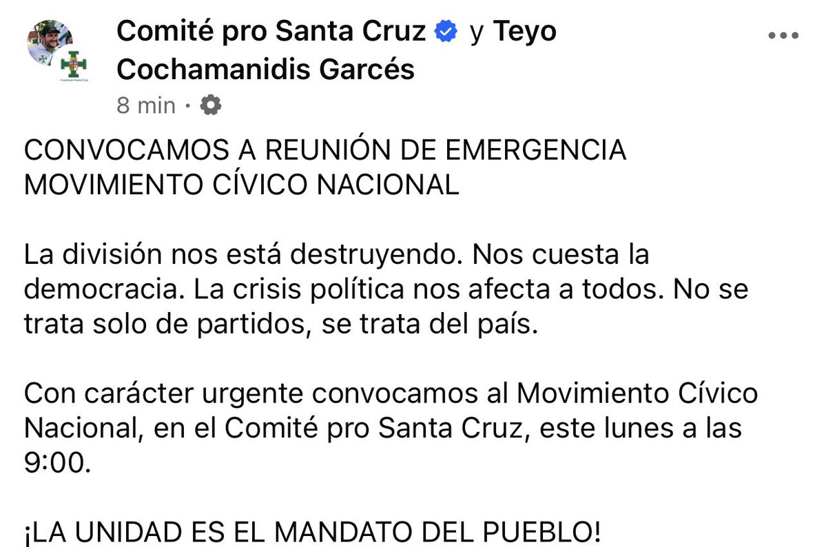 Comité Cívico Pro Santa Cruz convoca a una reunión de emergencia del ...